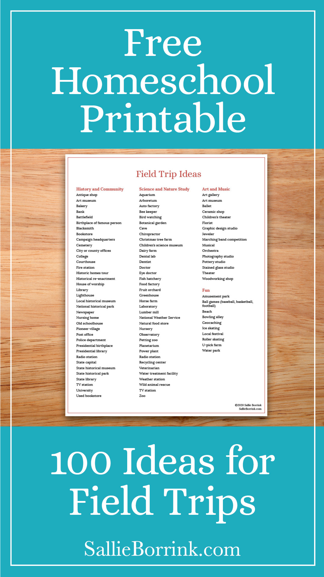 100 Field Trip Ideas for Homeschoolers | Free Printable | Sallie Borrink