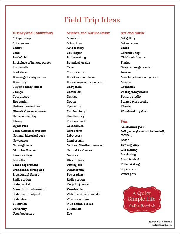 100 Field Trip Ideas For Homeschoolers Printable List Sallie Borrink 100 Field Trip Ideas For Homeschoolers Printable List Sallie Borrink