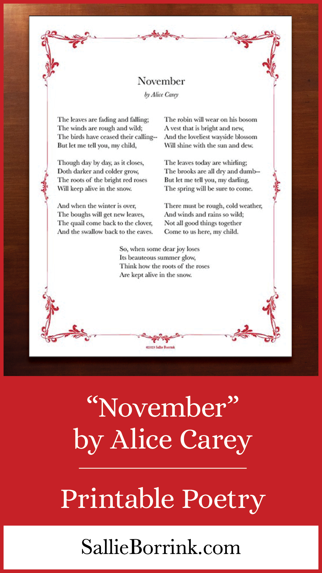 “November” by Alice Carey | Printable Poem | Sallie Schaaf Borrink